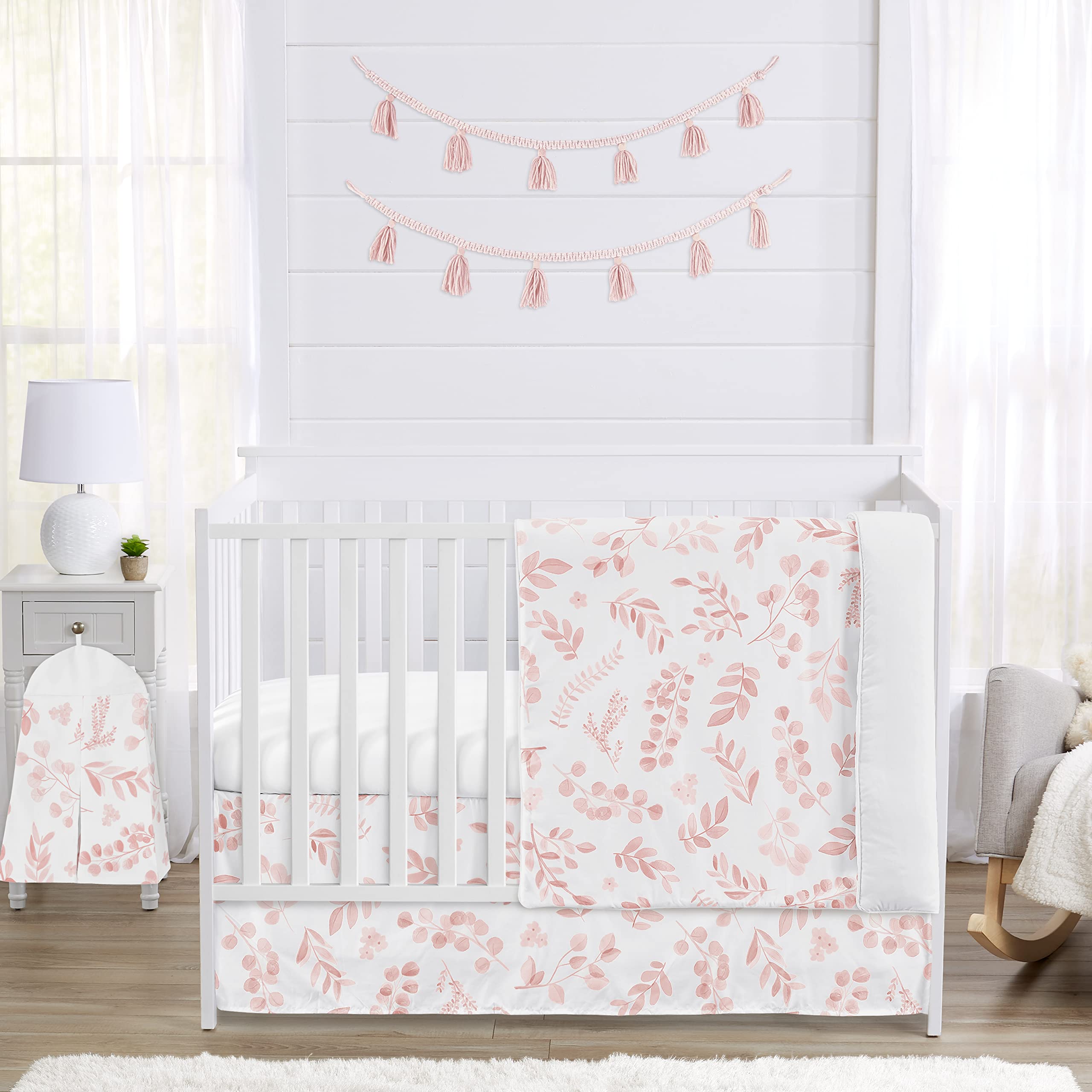 Sweet Jojo Designs Blush Pink and White Floral Leaf Baby Girl Nursery Crib Bedding Set Boho Chic Bohemian Watercolor Botanical Flower Woodland Tropical Garden Leaves Pastel Light Pink Nature Bloom 4pc