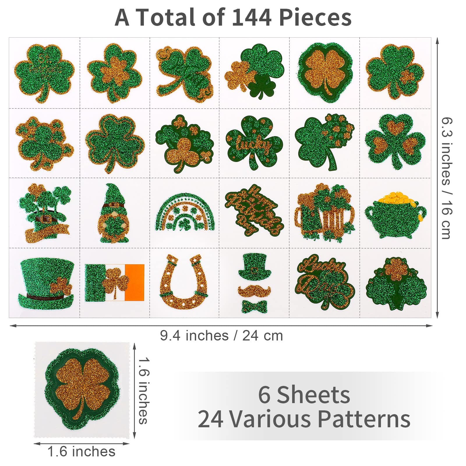 durony 144 Pieces St. Patrick's Day Temporary Tattoo Stickers 24 Styles Glitter Shamrock Face Stickers 6 Sheets Waterproof Gold Green Party Decoration DIY Accessories for Saint Patrick's Day