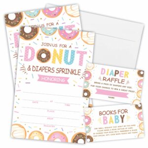 jcvuk set of 25 baby shower invitations with envelopes, diaper raffle tickets and baby shower book request cards,colored donut theme babyshower party for boys or girls(yqktz-b10)