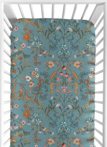 sweet jojo designs boho wildflower vintage floral girl fitted crib sheet baby toddler bed nursery teal turquoise rust orange daisy leaves botanical paisley leaf flower bohemian farmhouse blue green