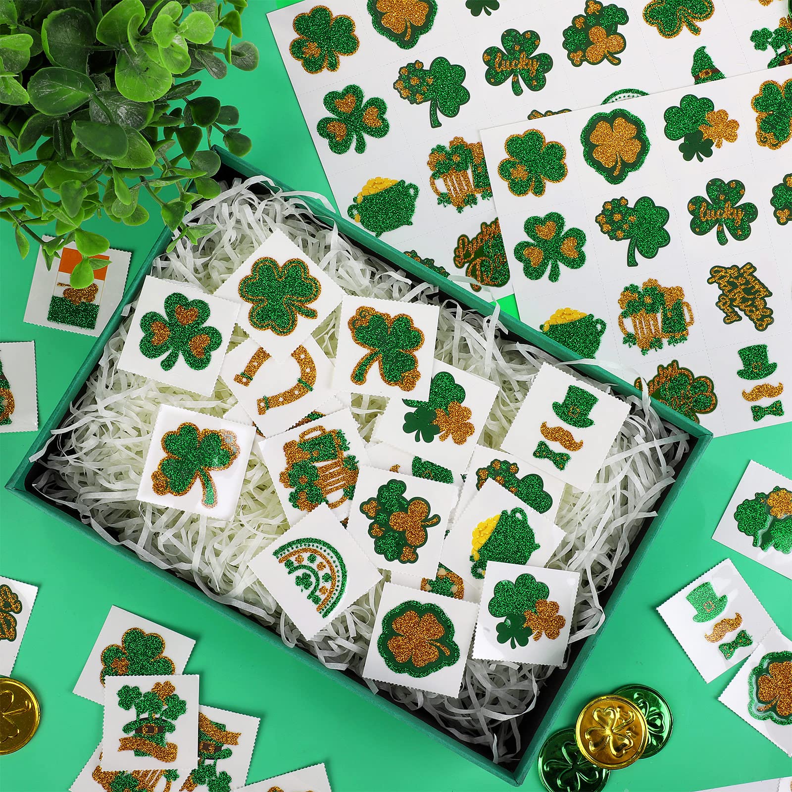 durony 144 Pieces St. Patrick's Day Temporary Tattoo Stickers 24 Styles Glitter Shamrock Face Stickers 6 Sheets Waterproof Gold Green Party Decoration DIY Accessories for Saint Patrick's Day