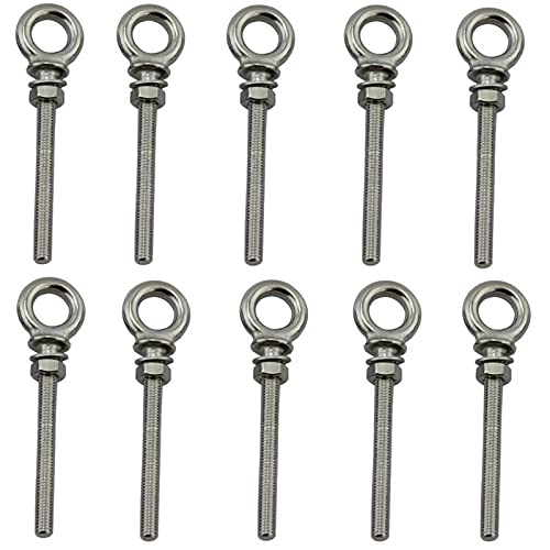 BINBAL Hardware Accessories 10pcs Marine Boat Stainless Steel Heavy Lifting Long Eye Bolt Marine HX Long Eye Bolts Ring Screw Loop Hole for Cable Rope M6