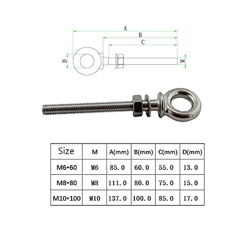 BINBAL Hardware Accessories 10pcs Marine Boat Stainless Steel Heavy Lifting Long Eye Bolt Marine HX Long Eye Bolts Ring Screw Loop Hole for Cable Rope M6