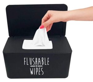 moorfowl baby wipes dispenser for bathroom, upgrade size(8.2l x 4.9w x 3.9h inches), flushable wipes dispenser black wipes holder container box with large capacity (flushable wipes holder(black))