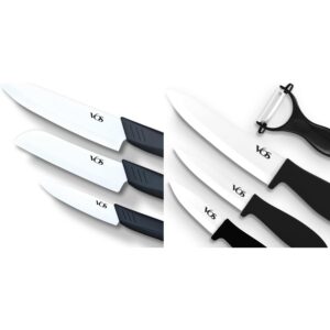 vos ceramic knife set for kitchen - includes 3", 4", 5", 6" knives with covers & peeler in black - sharp ceramic blades for versatile cutting and paring