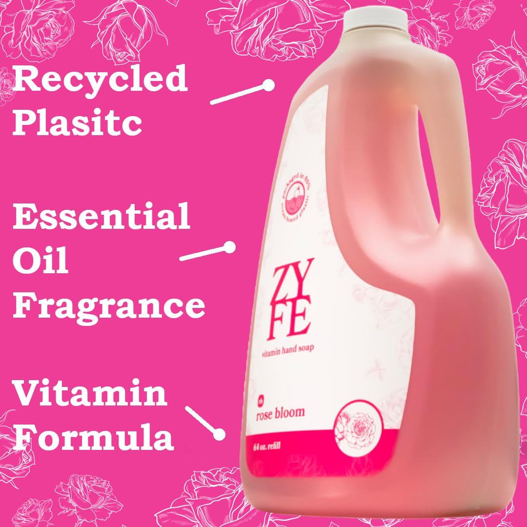 ZYFE Vitamin Hand Soap Refill - Liquid Hand Soap - Natural Plant Derived Moisturizing Handsoap with Essential Oil Fragrance Rose Bloom - Soft Hand Wash for Kitchen & Bathroom - Lush Soft Soap 64oz