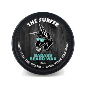 badass beard care beard wax for men - surfer scent, 2 oz - softens beard hair, leaves your beard looking and feeling more dense