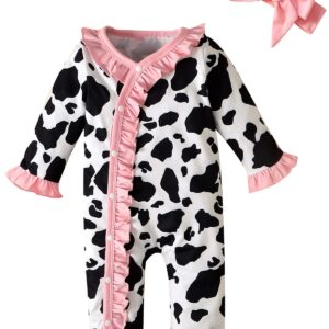 Happidoo Newborn Cow Print Clothes Romper Baby Girl Cow Outfit Jumpsuit (White,0-3 Months)