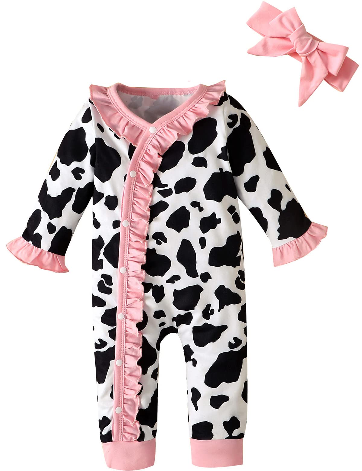 Happidoo Newborn Cow Print Clothes Romper Baby Girl Cow Outfit Jumpsuit (White,0-3 Months)