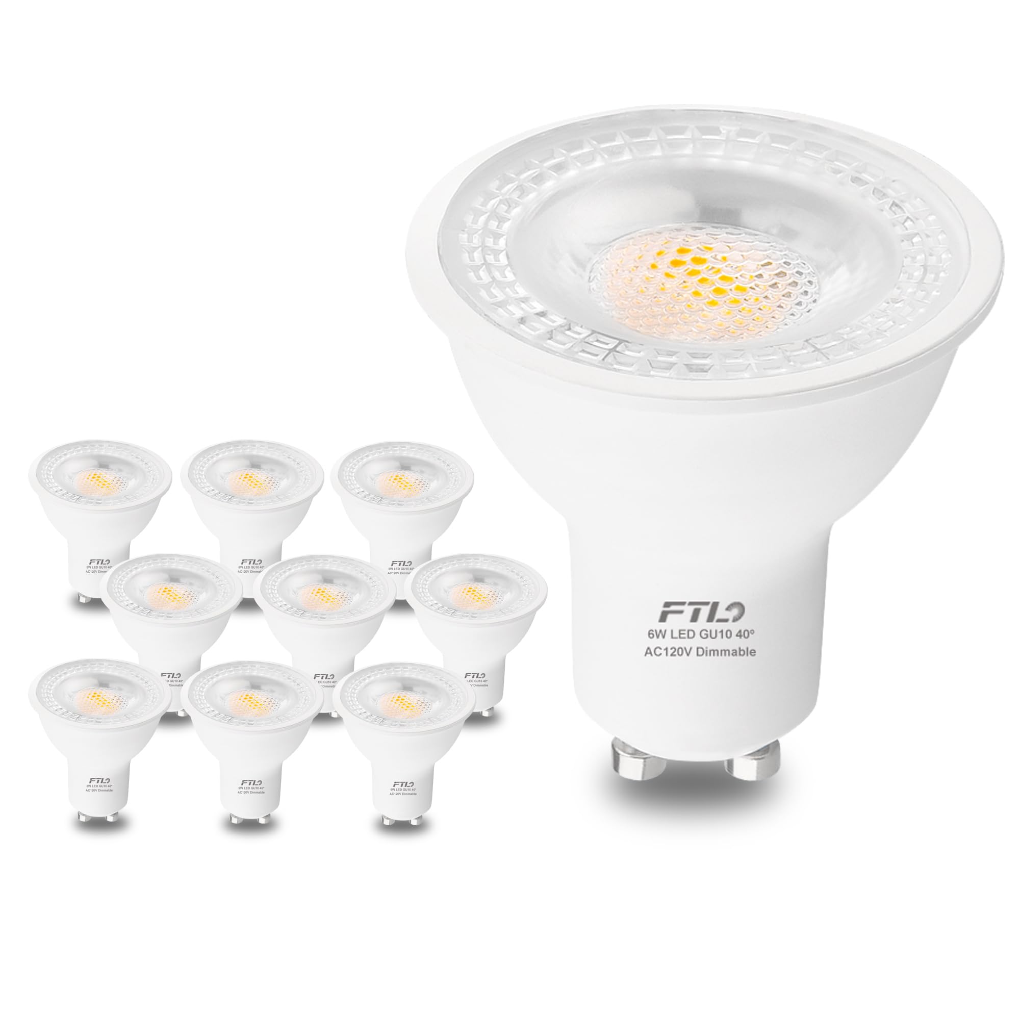 FTL 10-Pack GU10 Led Bulb 5000K Daylight White Dimmable Track Light Bulbs 6W 600LM 50W Halogen Replacement Bulbs for Spot Lighting, Ceiling Recessed Lighting