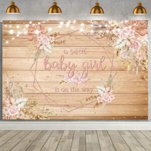 aibiin 7x5ft rustic wood baby shower backdrop boho a sweet baby girl is on the way pink pampas grass flowers baby shower photography background boho baby shower decorations for girl supplies