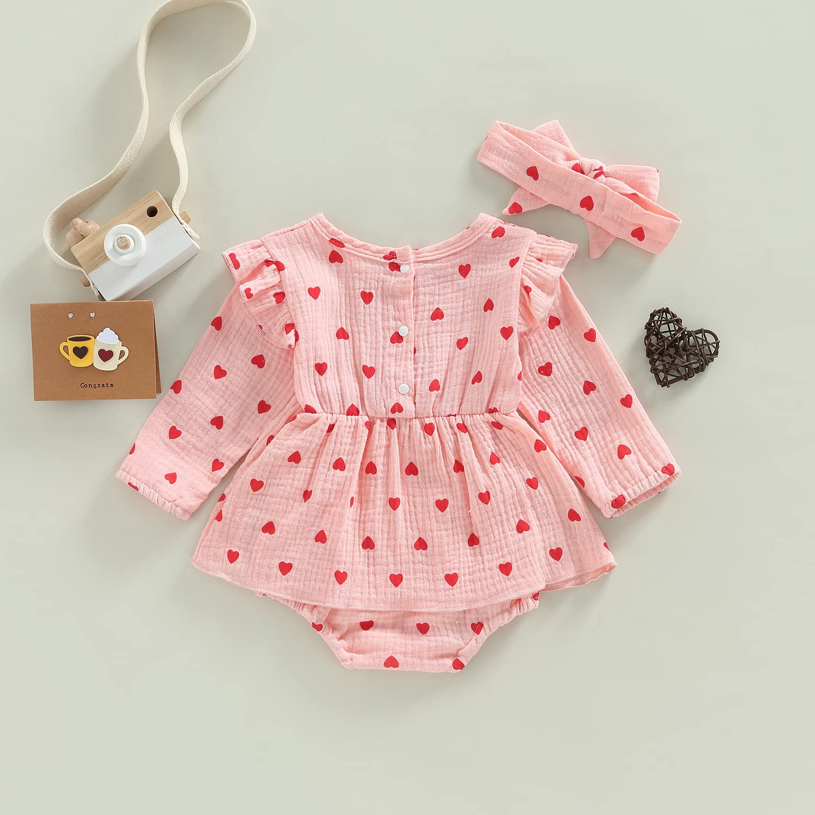 WASAIGOOD Newborn Baby Girls Cotton Linen Romper Dress Long Sleeve Heart Print Valentine's Day Onesie Outfits with Headband (Pink,6-12 Months)