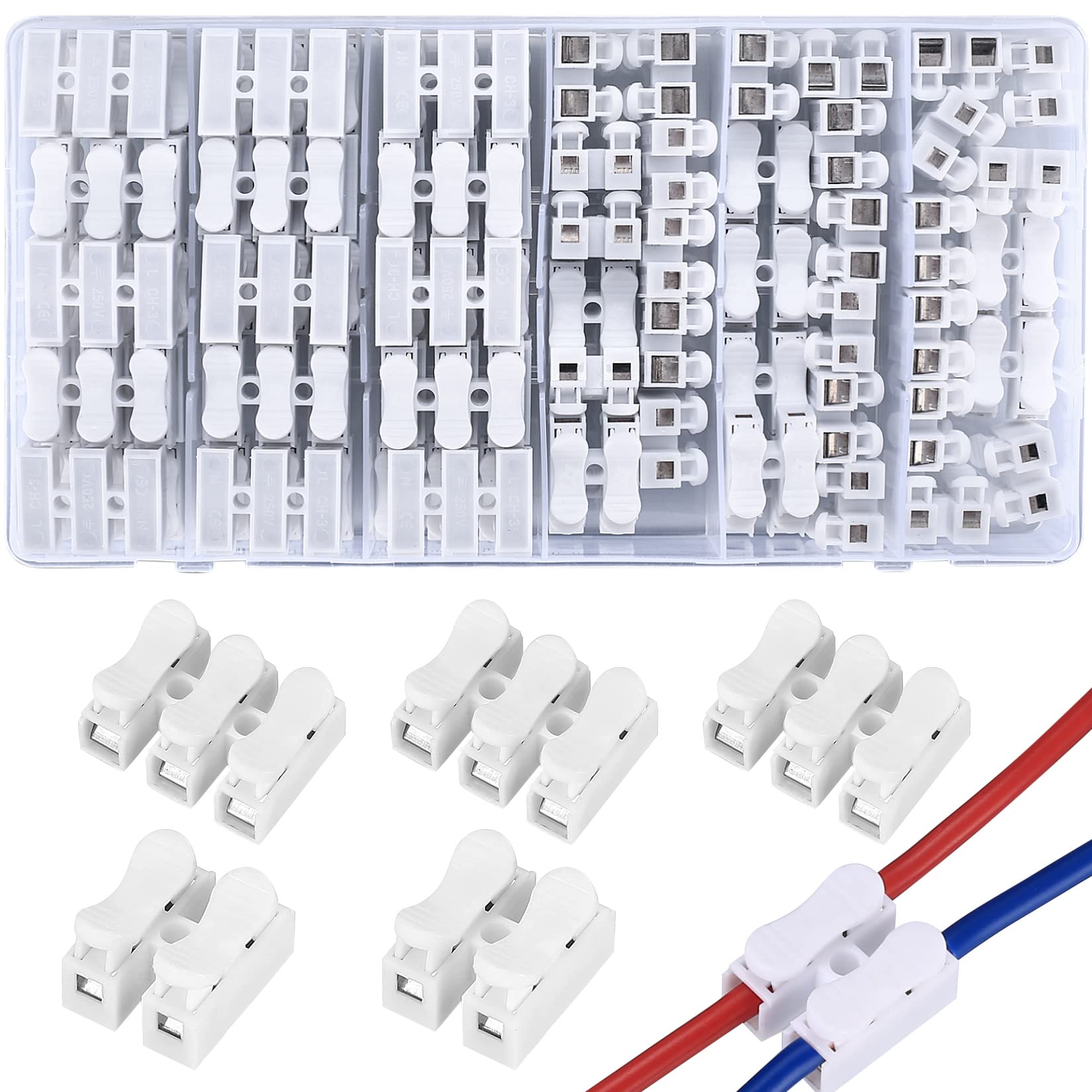 QOOSIKICC 65 Pcs Spring Wire Connectors, Spring Clamp Terminal Cable Clamp Connector, CH-2 Electrical Cable Connectors Block, 2 Pin Push-in Quick Terminal Wire Cable Connector Wiring Terminal