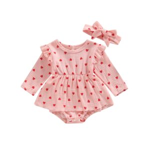 wasaigood newborn baby girls cotton linen romper dress long sleeve heart print valentine's day onesie outfits with headband (pink,6-12 months)