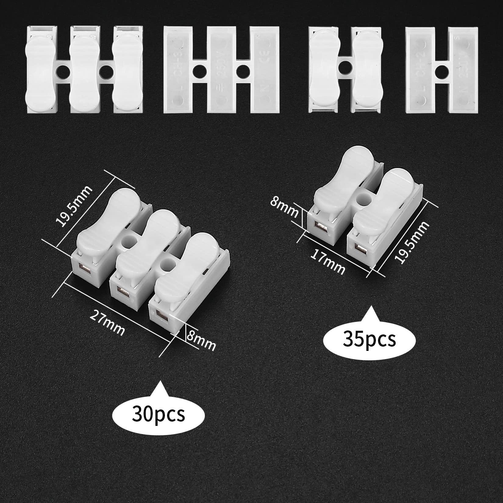 QOOSIKICC 65 Pcs Spring Wire Connectors, Spring Clamp Terminal Cable Clamp Connector, CH-2 Electrical Cable Connectors Block, 2 Pin Push-in Quick Terminal Wire Cable Connector Wiring Terminal