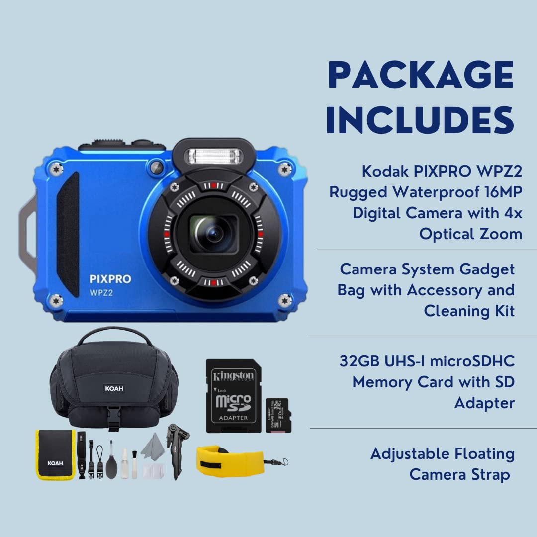 Kodak PIXPRO WPZ2 Rugged Waterproof 16MP Digital Camera with 4x Optical Zoom (Blue) Bundle with Koah Nostrand Gadget Bag, Floating Camera Strap (Yellow), and 32GB UHS-I microSDHC Memory Card (4 Items)