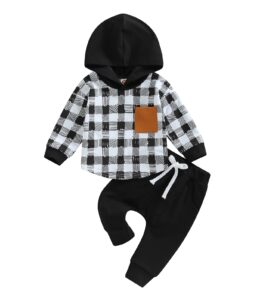 baby boy clothes 3 6 9 12 18 24m 3t pants set hooded patchwork hoodie striped fall winter outfit (black-plaid, 6-12 months)