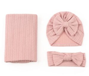 qandsweet newborn receiving blanket headband hat set baby swaddle swaddling blanket (pink)