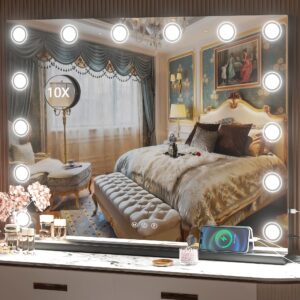 hasipu vanity mirror with lights, 32" x 24" makeup mirror, light up mirror with 14 dimmable led lights and 10x magnification, 3 colors modes, touch control, usb charging port, black