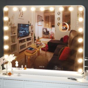 hasipu vanity mirror with lights, 39.4" x 31.5" hollywood mirror, makeup mirror with 21 dimmable bulbs and 10x magnification, 3 colors modes, touch control, usb charging port, type-c, white