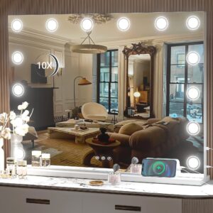 hasipu vanity mirror with lights, 32" x 24" makeup mirror, light up mirror with 14 dimmable led lights and 10x magnification, 3 colors modes, touch control, usb charging port, white