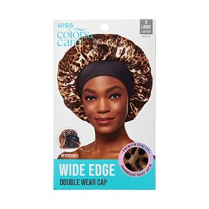 kiss colors & care silky satin wide edge double wear cap xl,leopard,double sided reversible design,protects styles & retains moisture,slip-free,comfortable & durable overnight hair bonnet