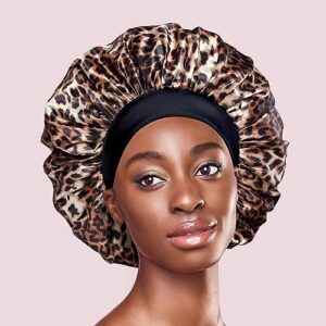 KISS Colors & Care Silky Satin Wide Edge Double Wear Cap XL,Leopard,Double Sided Reversible Design,Protects styles & Retains Moisture,Slip-Free,Comfortable & Durable Overnight Hair Bonnet