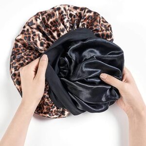 KISS Colors & Care Silky Satin Wide Edge Double Wear Cap XL,Leopard,Double Sided Reversible Design,Protects styles & Retains Moisture,Slip-Free,Comfortable & Durable Overnight Hair Bonnet