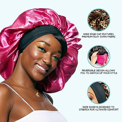 KISS Colors & Care Silky Satin Wide Edge Double Wear Cap XL,Leopard,Double Sided Reversible Design,Protects styles & Retains Moisture,Slip-Free,Comfortable & Durable Overnight Hair Bonnet