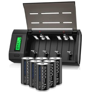 palowextra premium rechargeable d cell batteries with charger, 6 pack 1.2v nimh d size batteries with universal battery charger for aa aaa 9v d c rechargeable batterie (d size)