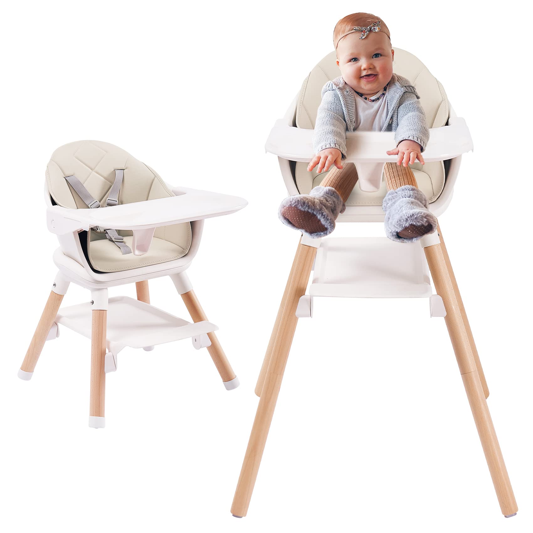 6-in-1 Baby High Chair, Convertible Highchair for Babies and Toddlers with Storage Plate & Dishwasher Safe Tray, Infant Feeding Chair, Wooden High Chair with Hard Beech Wood Legs