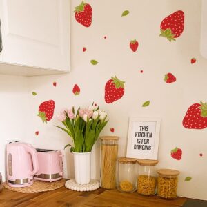 buer homie strawberry stickers for wall, 48 pcs 4 sheets, fruits kitchen decor, strawberry wall decor for bedroom bathroom classroom nursery room,strawberry decals for backdrop