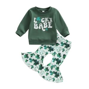 infant toddler baby girl st. patricks day outfit lucky babe sweatshirt clover flared pants 2pcs clothes set (green, 2-3 years)