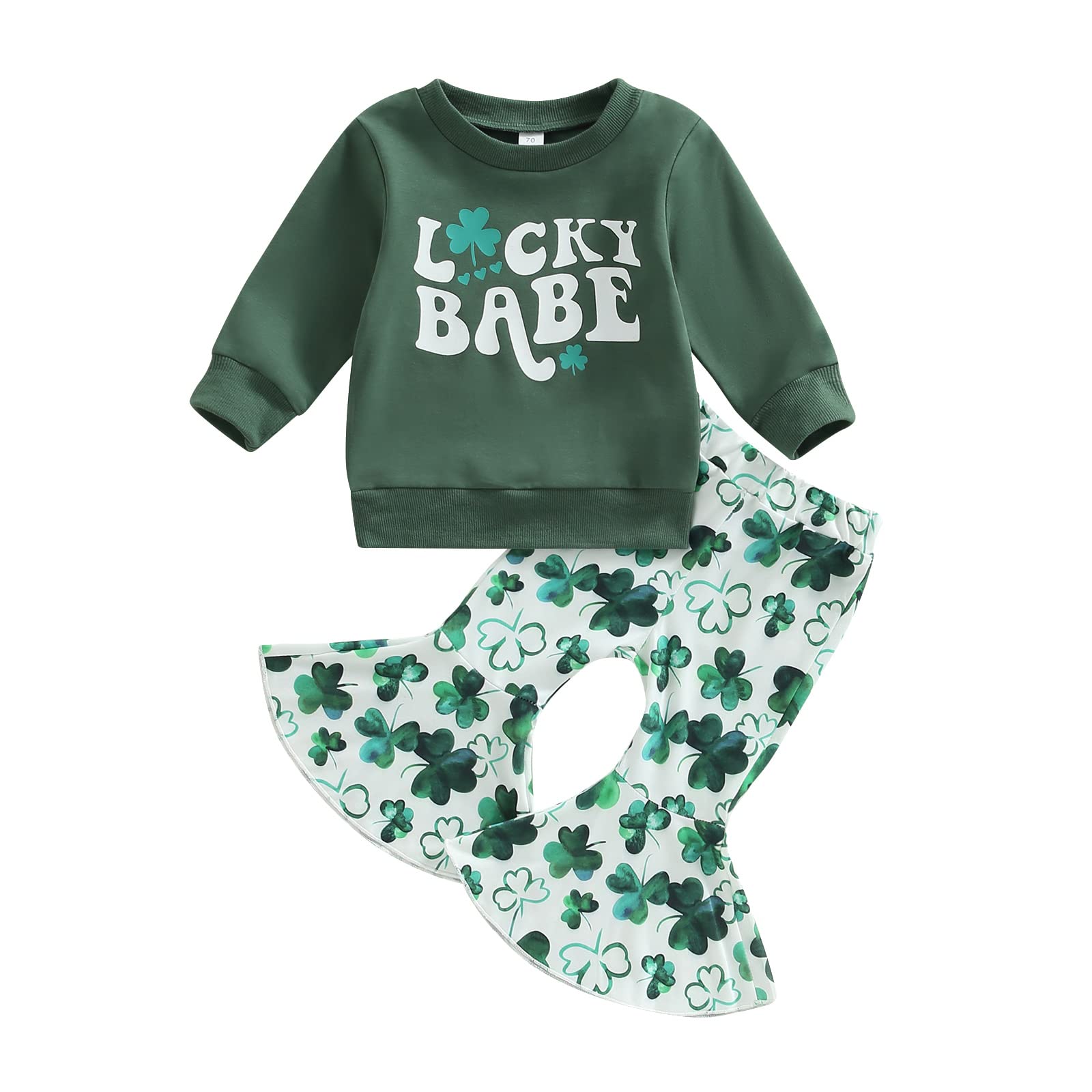 Infant Toddler Baby Girl St. Patricks Day Outfit Lucky Babe Sweatshirt Clover Flared Pants 2Pcs Clothes Set (Green, 2-3 Years)