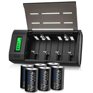 palowextra premium rechargeable c cell batteries with charger, 6 pack 1.2v nimh c size batteries with universal battery charger for aa aaa 9v d c rechargeable batteries （6 count (c size)