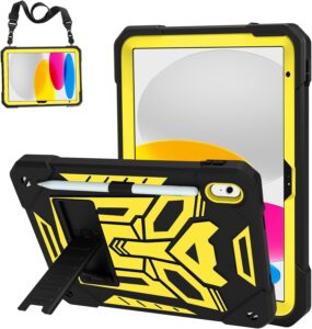 hogenl for ipad 10th generation case, for ipad 10.9 inch case for kids with pencil holder kickstand shoulder strap heavy duty shockproof full body protective cover for ipad 10th 2022 (black+gold)