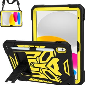 HOGENL for iPad 10th Generation Case, for iPad 10.9 Inch Case for Kids with Pencil Holder Kickstand Shoulder Strap Heavy Duty Shockproof Full Body Protective Cover for iPad 10th 2022 (Black+Gold)