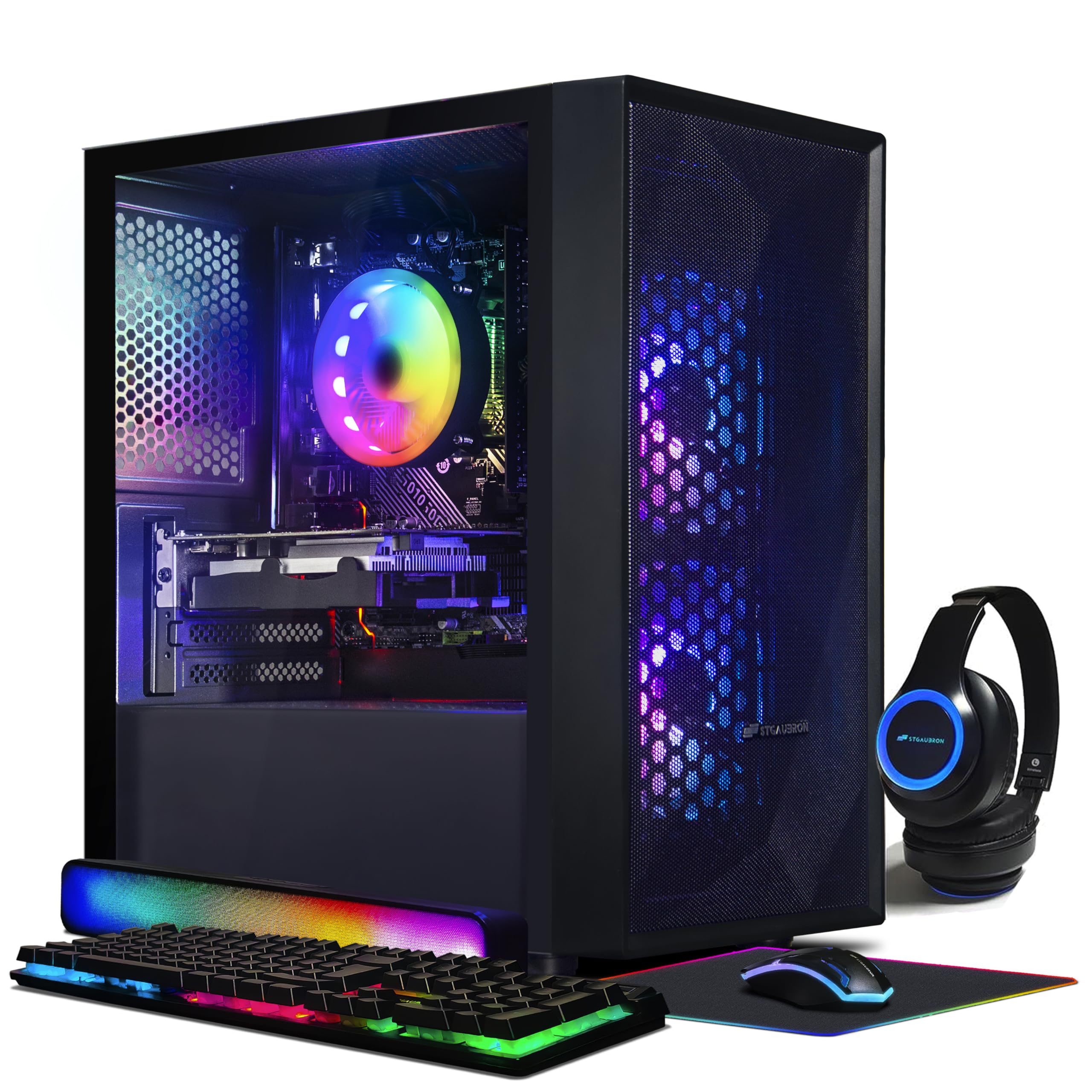 STGAubron Gaming PC, GeForce GTX 1660 Super 6G, Intel Core i3-10100F up to 4.3G, 16G DDR4, 1T SSD, WiFi, BT 5.0, RGB Fan x 3, RGB Mouse Pad, RGB BT Sound Bar, RGB BT Gaming Mic, Windows 11 Home