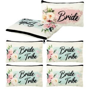 pinkunn 6 pcs bride tribe makeup bag bride party gift bags bridesmaid proposal cosmetic bag watercolor floral bridal purse for women wedding bridal shower bachelorette party favor