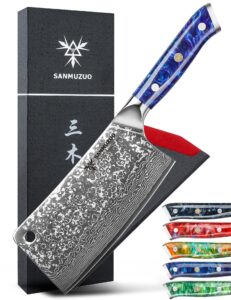 sanmuzuo chopping knife - 7 inch cleaver knife- xuan series - vg10 damascus steel kitchen knife - resin handle (sapphire blue)