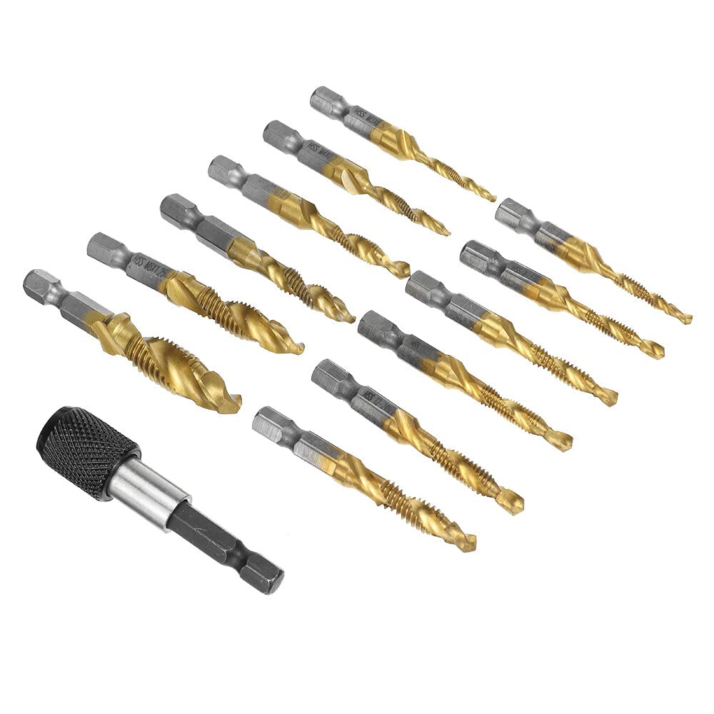 MTSAS 13pcs M3-M10 Metric Screw Thread Tap Drill Bits Set Hex Shank Drill Bit Screw Compound Tap Hand Tools with Joint Rod (C)