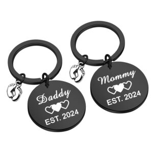 bnql daddy and mommy est 2024 keychain set new parent gifts pregnancy announcement gifts for mom first time parents gifts (daddy mommy 2024 black)