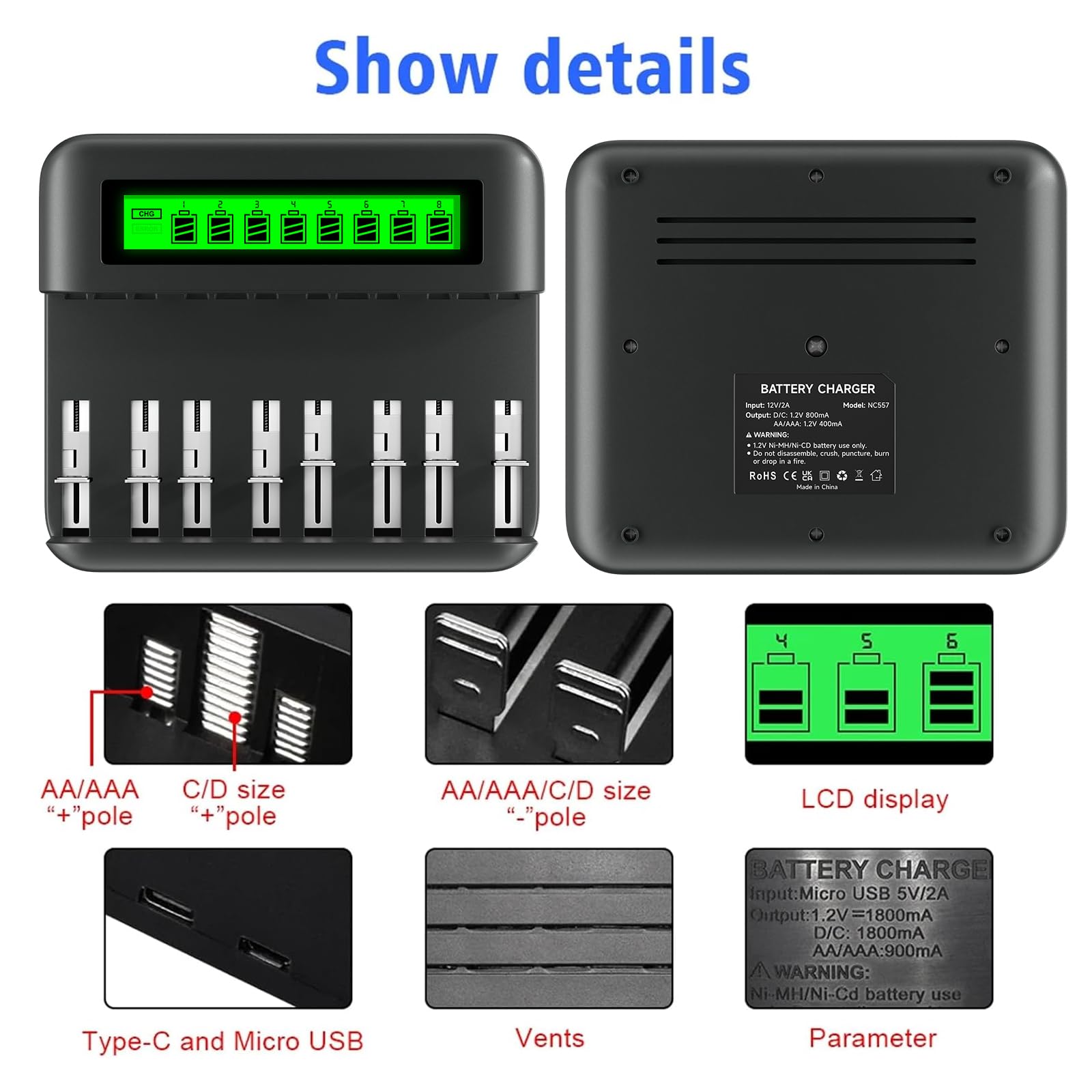 Rechargeable D Batteries with LCD Display Universal Battery Charger for AA/AAA/C/D 1.2V NI-MH NI-CD Rechargeable Battery（6 Pack ）