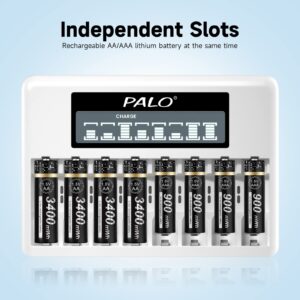 Palogreen Rechargeable AA Batteries with Charger 8 Pack 1.5V AA 3400mWh Li ion Batteries and 8 Bay Fast LCD Display Charger for Xbox Controller, Toys, Remote Controls