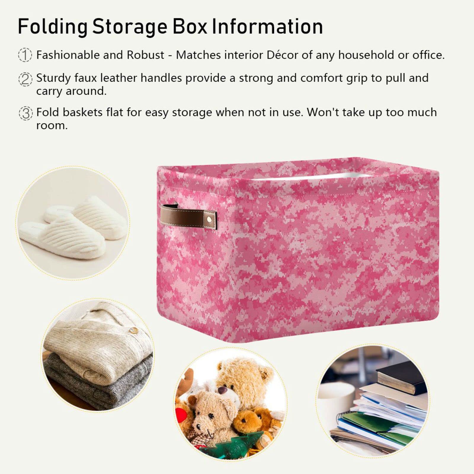 Kigai Digital Camo Pink Shelf Storage Baskets, Foldable Fabric Storage Bins with Leather Handles for Organizing Closet Clothes, Toys, Towels, Bedroom, Bathroom, Nursery, Office (1 Pack)