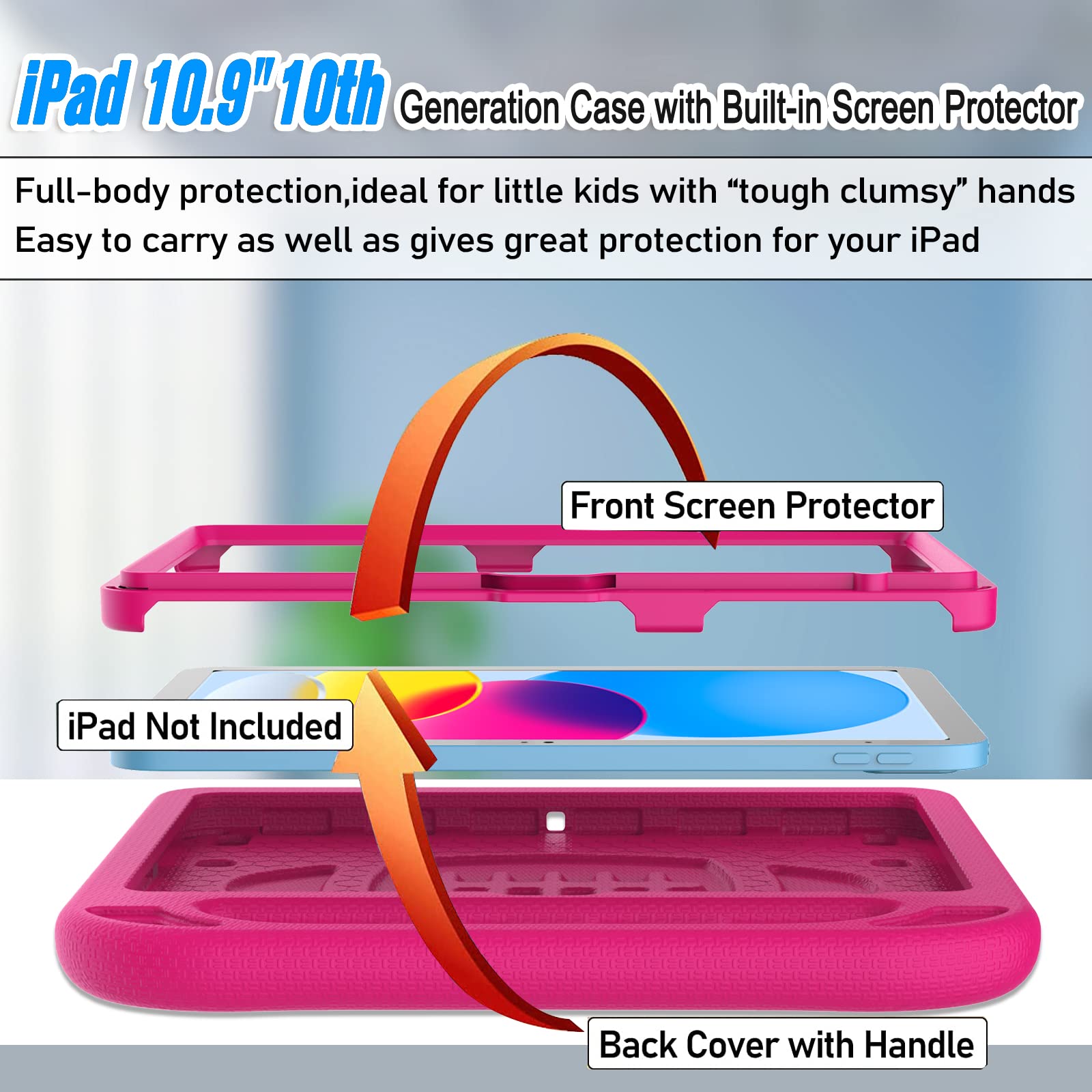 LTROP Kids Case for iPad 10th Generation 2022 10.9 inch, iPad 10th Gen Case [Built-in Screen Protector] Child-Proof Handle Kickstand Cover Case for iPad 10.9 10th Generation for Toddler Girl Hot Pink