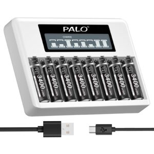 palogreen rechargeable aa batteries with charger 8 pack 1.5v aa 3400mwh li ion batteries and 8 bay fast lcd display charger for xbox controller, toys, remote controls