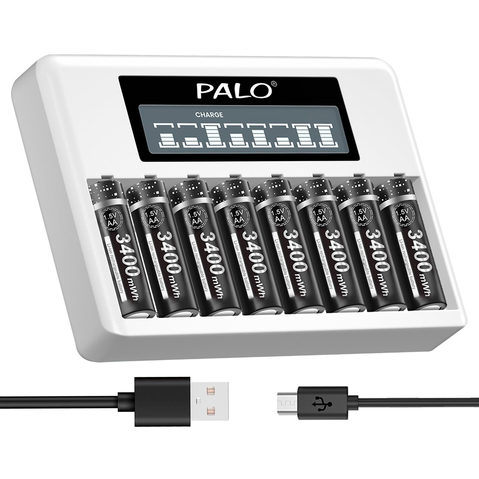 Palogreen Rechargeable AA Batteries with Charger 8 Pack 1.5V AA 3400mWh Li ion Batteries and 8 Bay Fast LCD Display Charger for Xbox Controller, Toys, Remote Controls