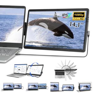 laptop screen extender, 14.1" fhd 1080p ips laptop monitor extender dual screen, swivel attachable portable monitor for laptop with usb-c/hdmi port, plug n play for windows/mac/android