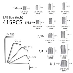 JROUTH 1000pcs Metric + SAE Set Screw Assortment Kit, Internal Hex Drive Cup-Point Allen Screws Set 304 Stainless Steel Grub Screw (M3-M8, 1/8""-40 to 5/16""-18)